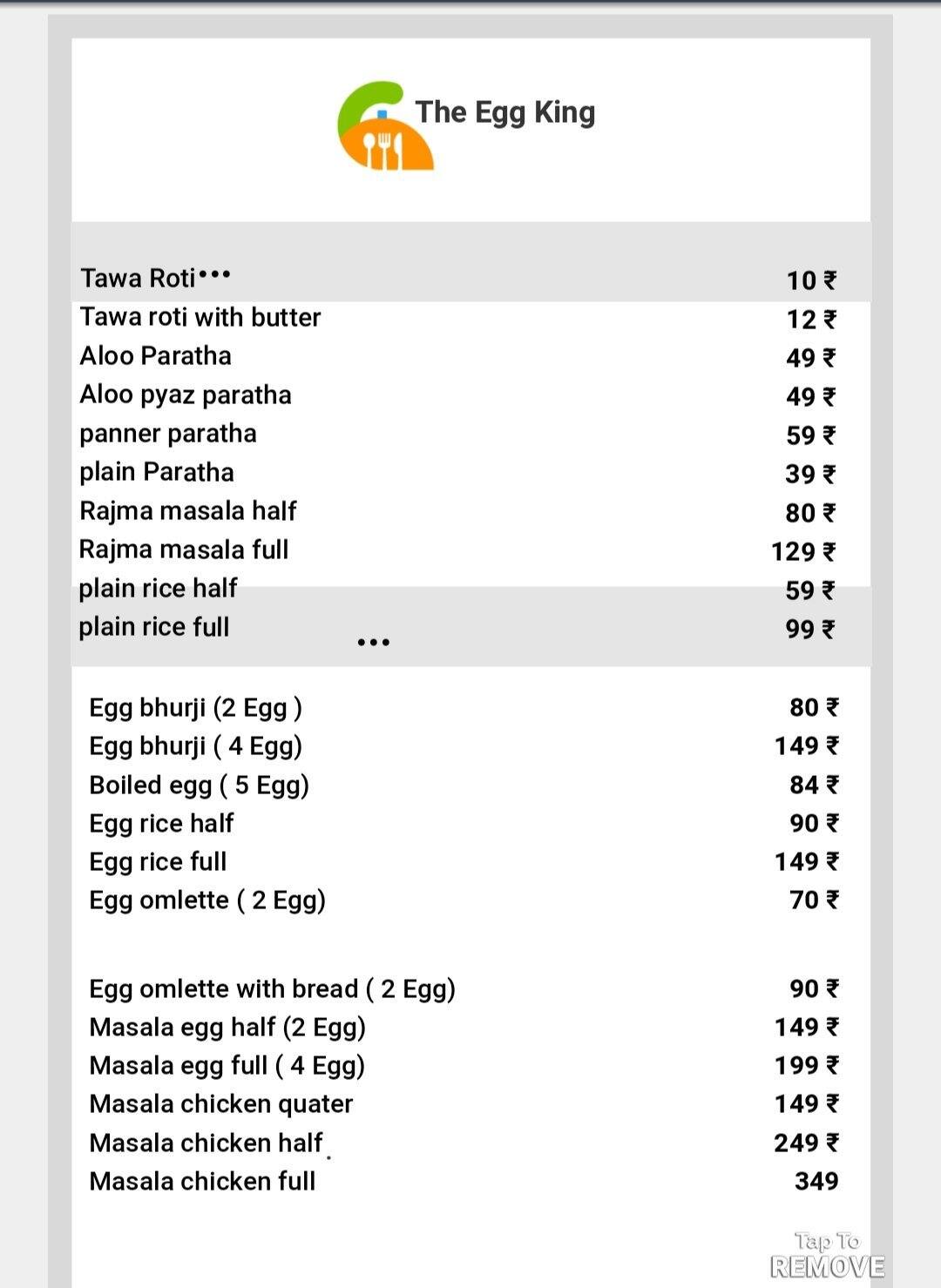 Menu of The Egg King, Kavi Nagar, Ghaziabad