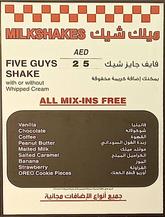 Menu at Five Guys restaurant, Dubai, The Dubai Mall