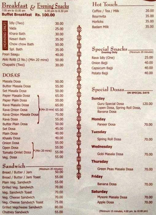 Menu of Shree Guru Residency, Yadavgiri, Mysore
