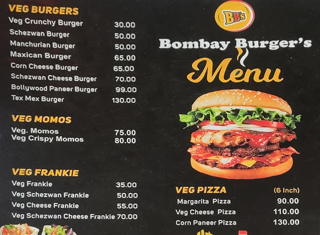 Menu at Bombay Burger's Cafe, Mumbai