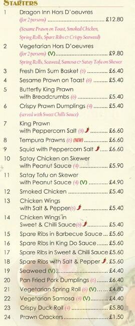 Menu at Dragon Inn restaurant, Sutton, 511 London Rd