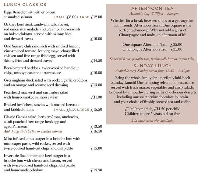 Menu at One Square Restaurant - The Sheraton Hotel, Edinburgh