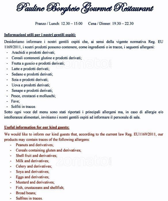 Menu at Pauline Borghese Restaurant, Rome