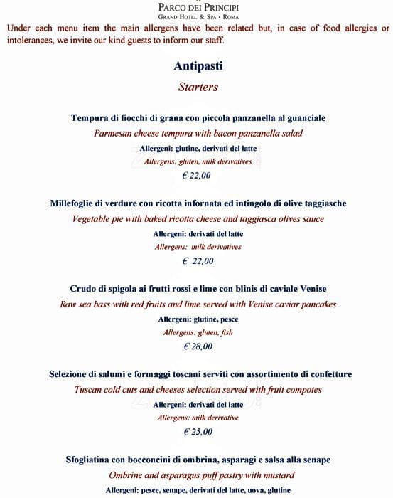 Menu at Pauline Borghese Restaurant, Rome