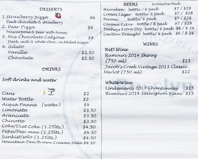 Menu at Rosslyn Pizza pizzeria, West Melbourne