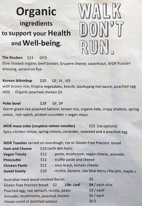 Menu at Walk Don’t Run cafe, Armadale