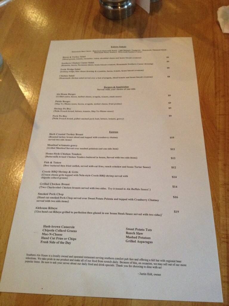 Menu at Southern Ale House restaurant, Tuscaloosa