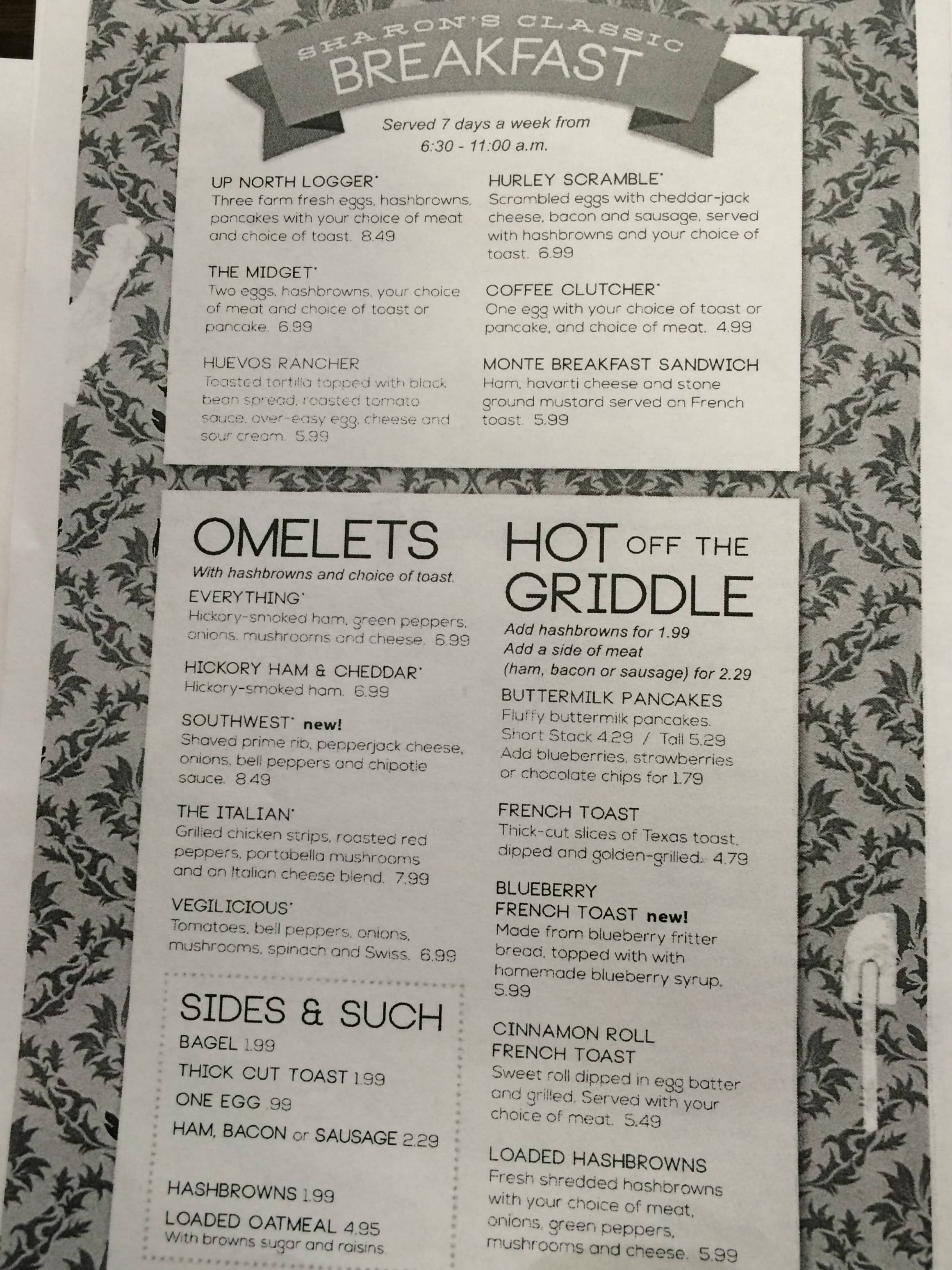 Menu at Sharon's Coffee Company cafe, Hurley