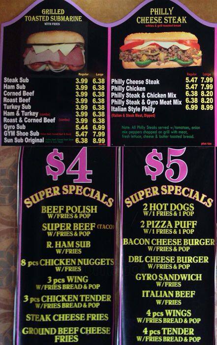 Menu at Sun Sub restaurant, Chicago, W North Ave