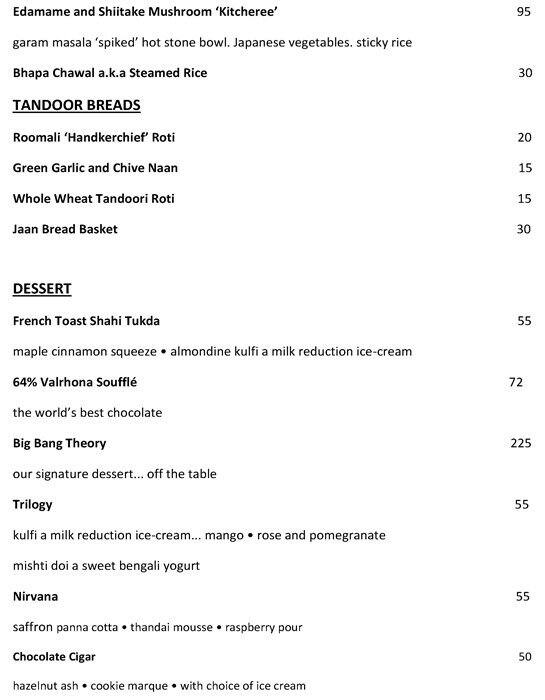 Menu at Jaan at the Penthouse restaurant, Dubai