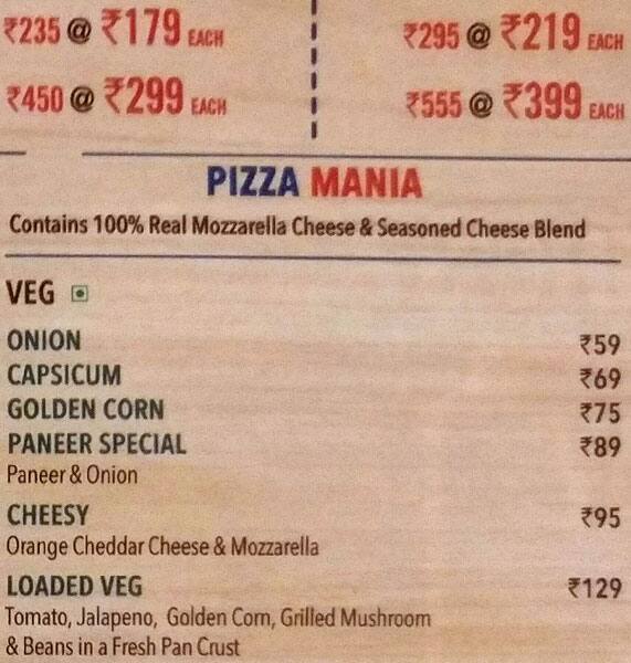 Menu at Domino's Pizza, Manipal, Counter 1