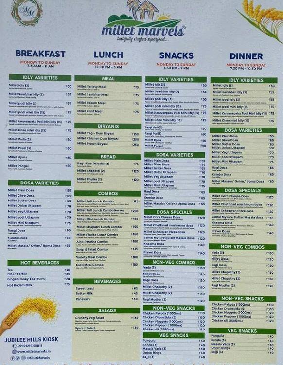 Menu at Millet Marvels, Hyderabad, Plot 73A