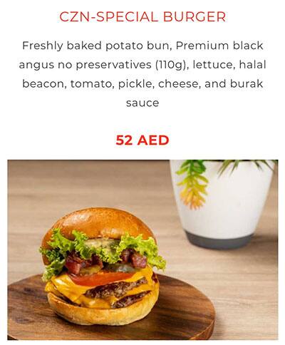 Menu at CZN Burak Burger restaurant, Dubai