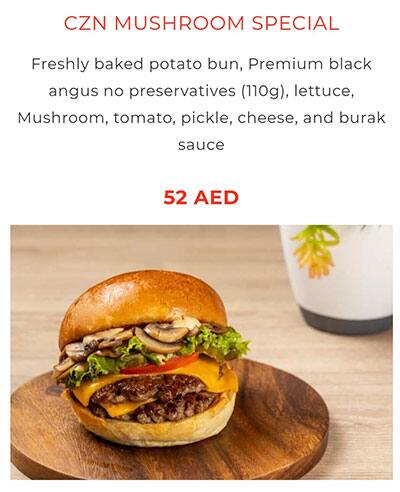 Menu at CZN Burak Burger restaurant, Dubai