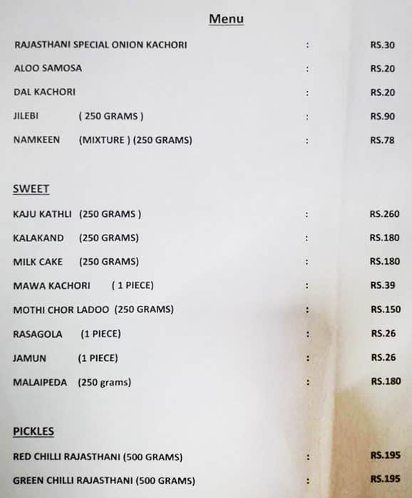 Menu at Maa Bikaner sweets and namkeen, Bengaluru