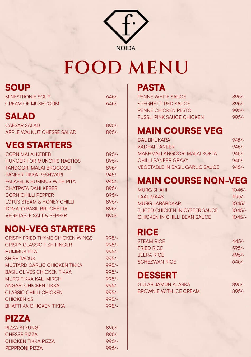 Menu of F Bar & Lounge Noida, Sector 38, Noida