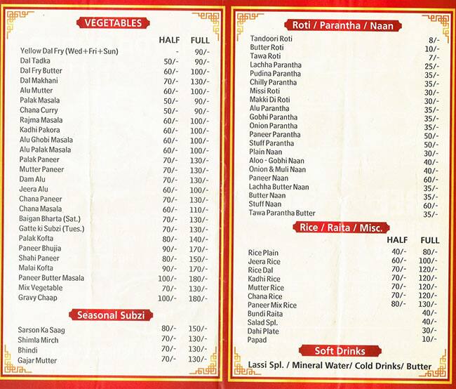 Menu at Punjabi Dhaba, Delhi, Gulabi Market