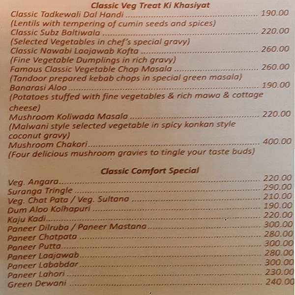 Menu at Classic Comfort Hotel, Mumbai, Film City Rd