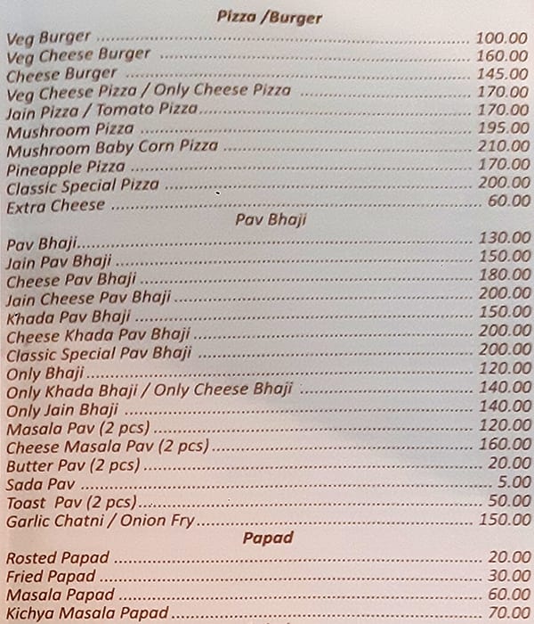 Menu at Classic Comfort Hotel, Mumbai, Film City Rd