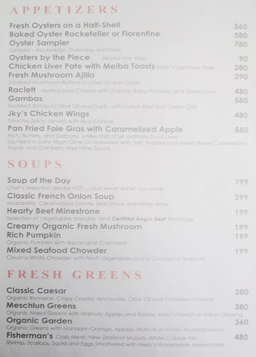 Menu at Melo's Steakhouse Westgate Alabang, Muntinlupa, Lot 41