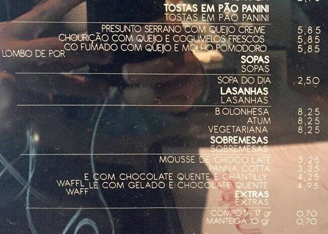 Menu at Spoon Cafe, Lisbon, Lisbon Portela Airport