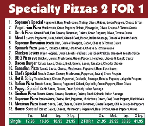 Menu at Sopranos Pizza pizzeria, Maple Ridge