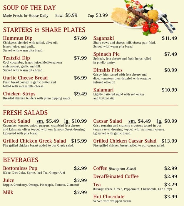 Menu at Dinakis Mediterranean Grill restaurant, Port Coquitlam
