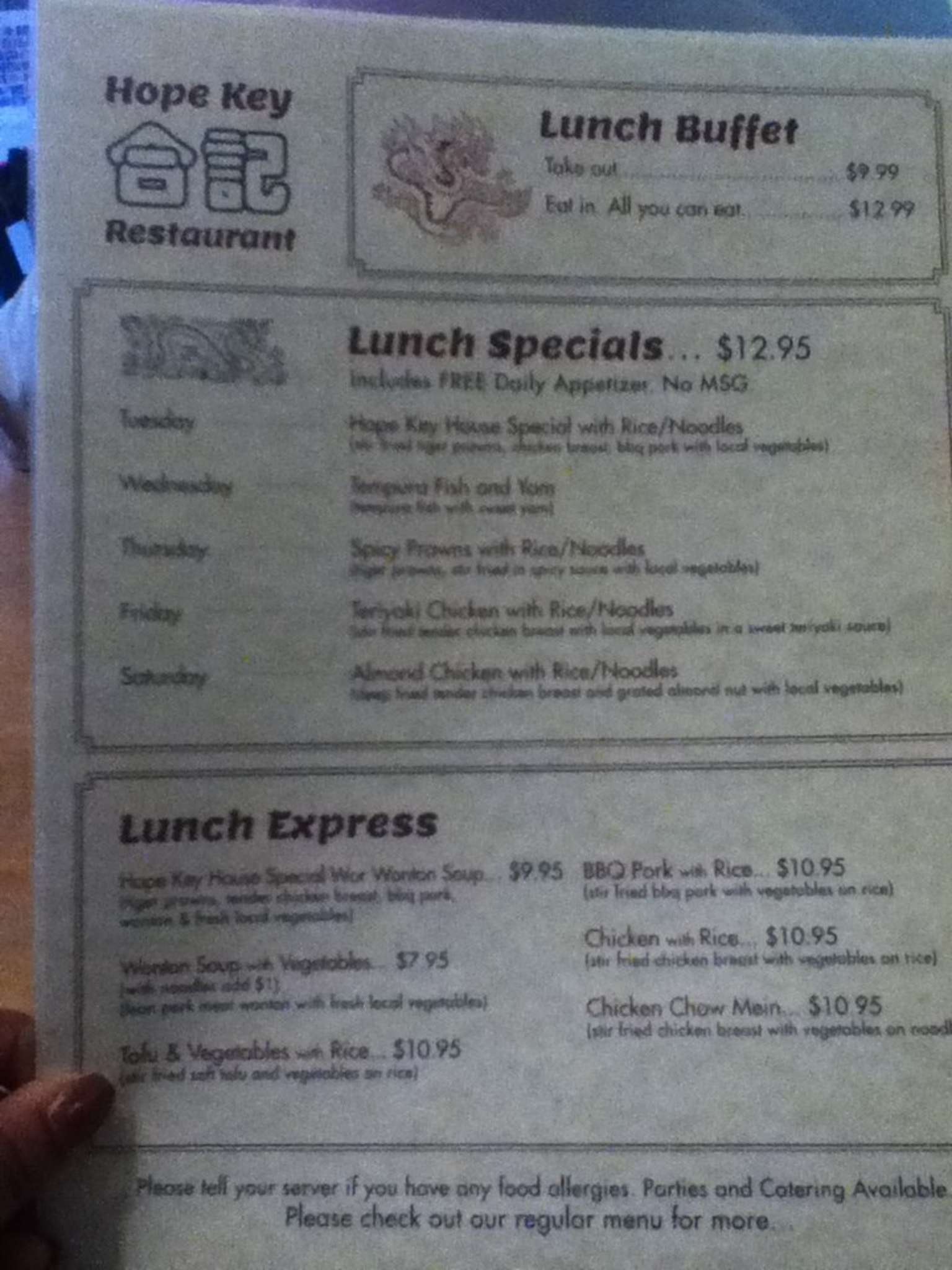 Menu at Hope Key Restaurant, Victoria