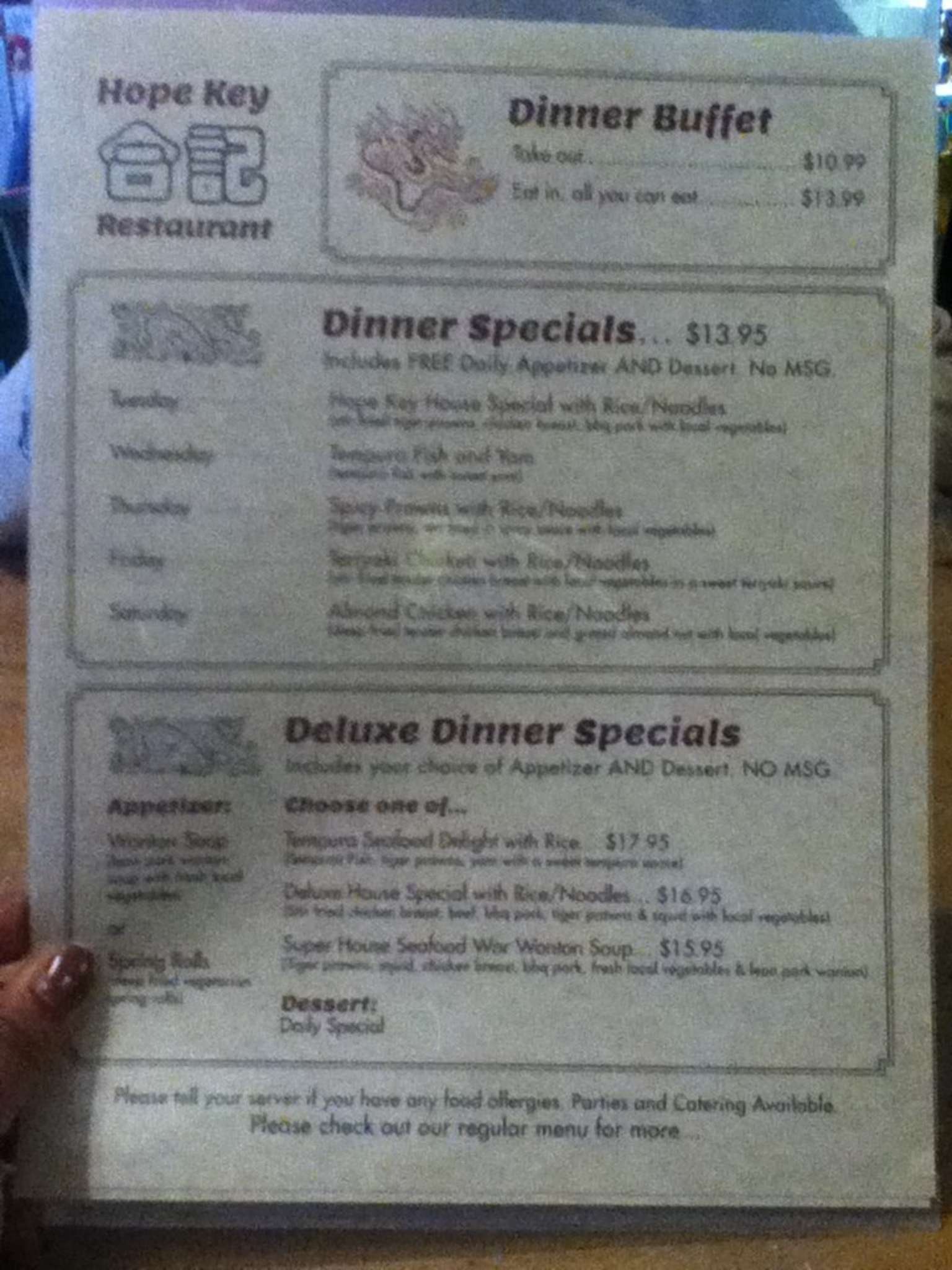 Menu at Hope Key Restaurant, Victoria