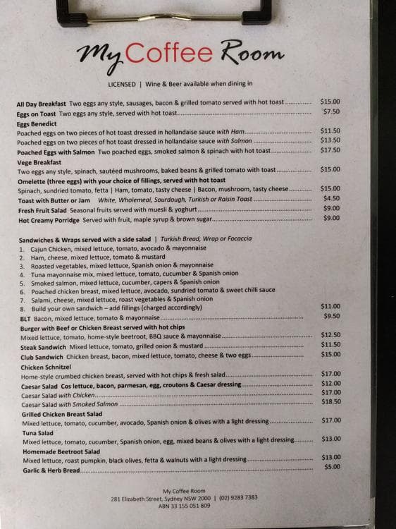 Menu at My Coffee Room restaurant, Sydney, Ground Floor/281 Elizabeth St