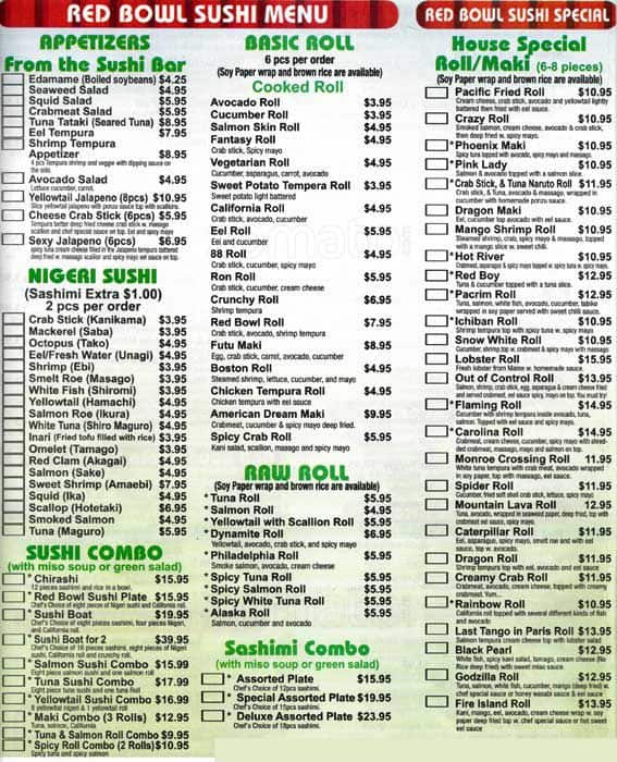Menu at Red Bowl Asian Bistro restaurant, Monroe, W Roosevelt Blvd