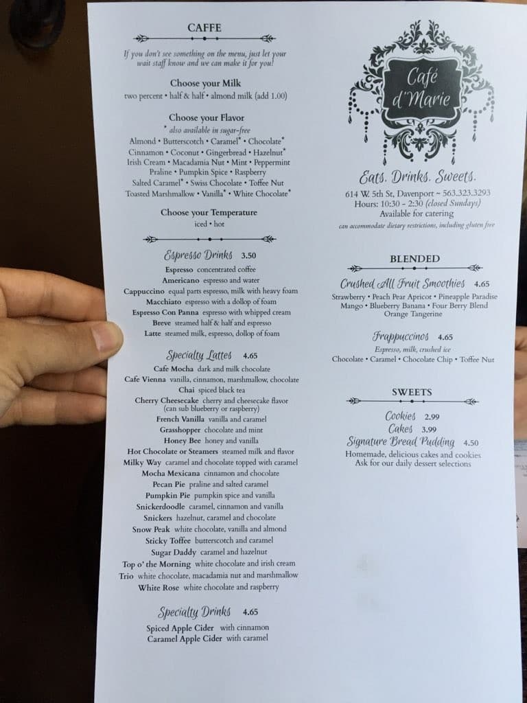 Menu at Café d'Marie cafe, Davenport