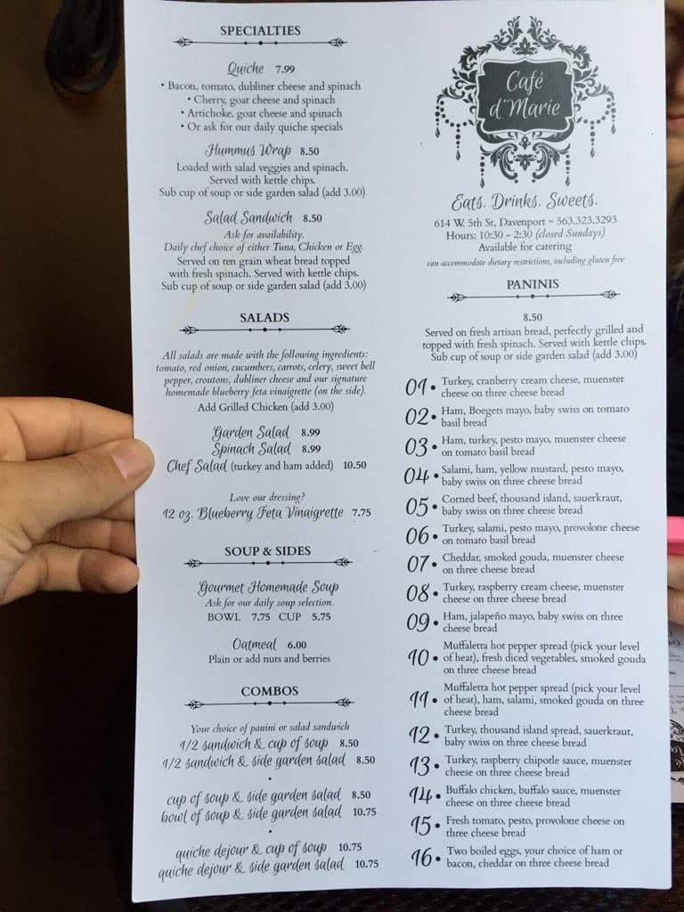 Menu at Café d'Marie cafe, Davenport
