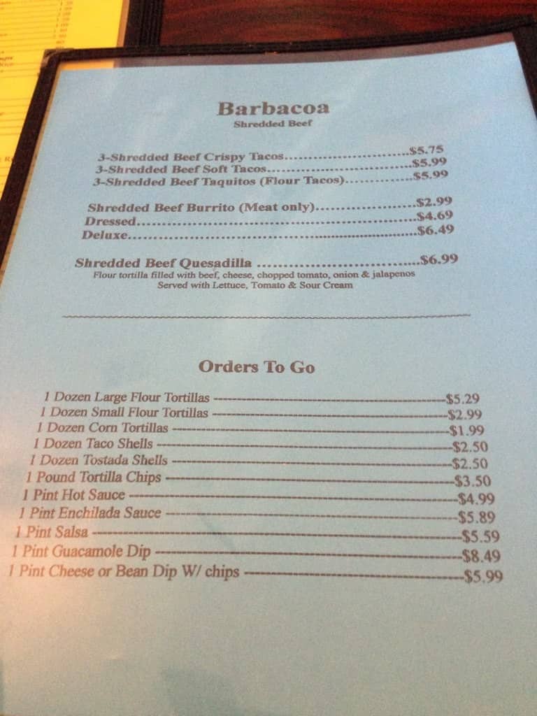 Menu at Ole' Taco House restaurant, Pensacola