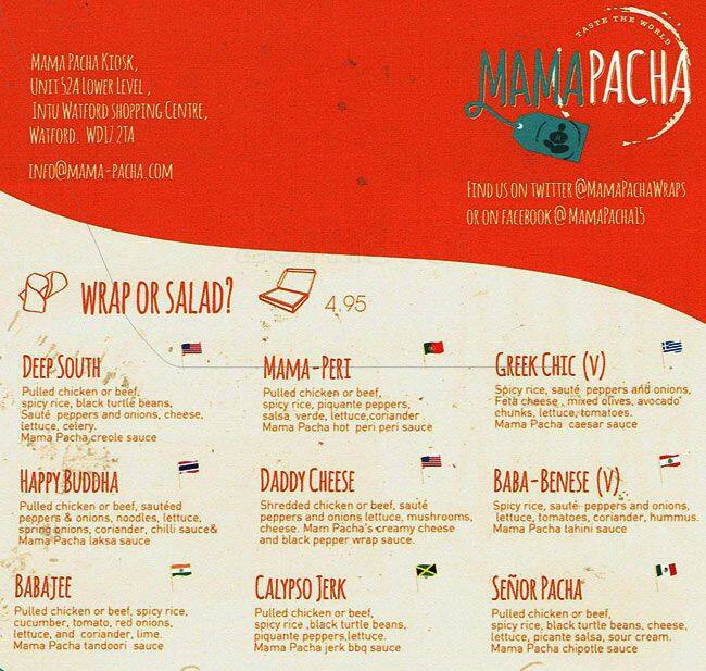 Menu at Mama Pacha restaurant, Watford
