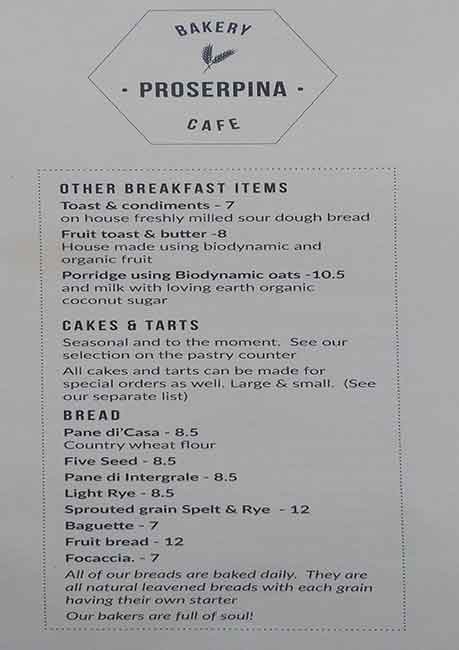 Menu at Proserpina cafe, Sassafras