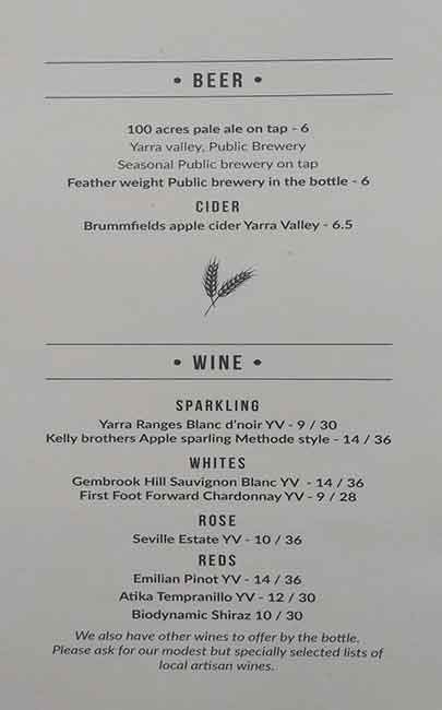 Menu at Proserpina cafe, Sassafras