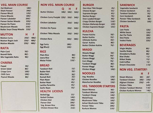 Menu of Midnight Garari, Ardee City, Gurgaon