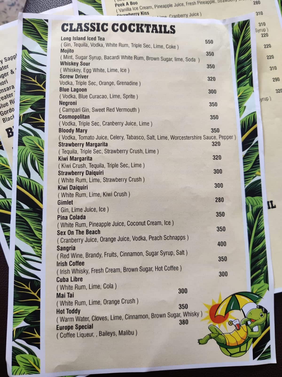 Menu at Reggae haven, Cavelossim