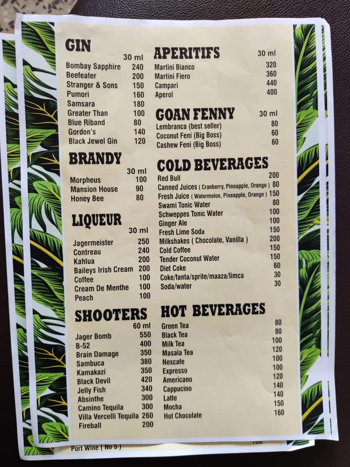 Menu at Reggae haven, Cavelossim
