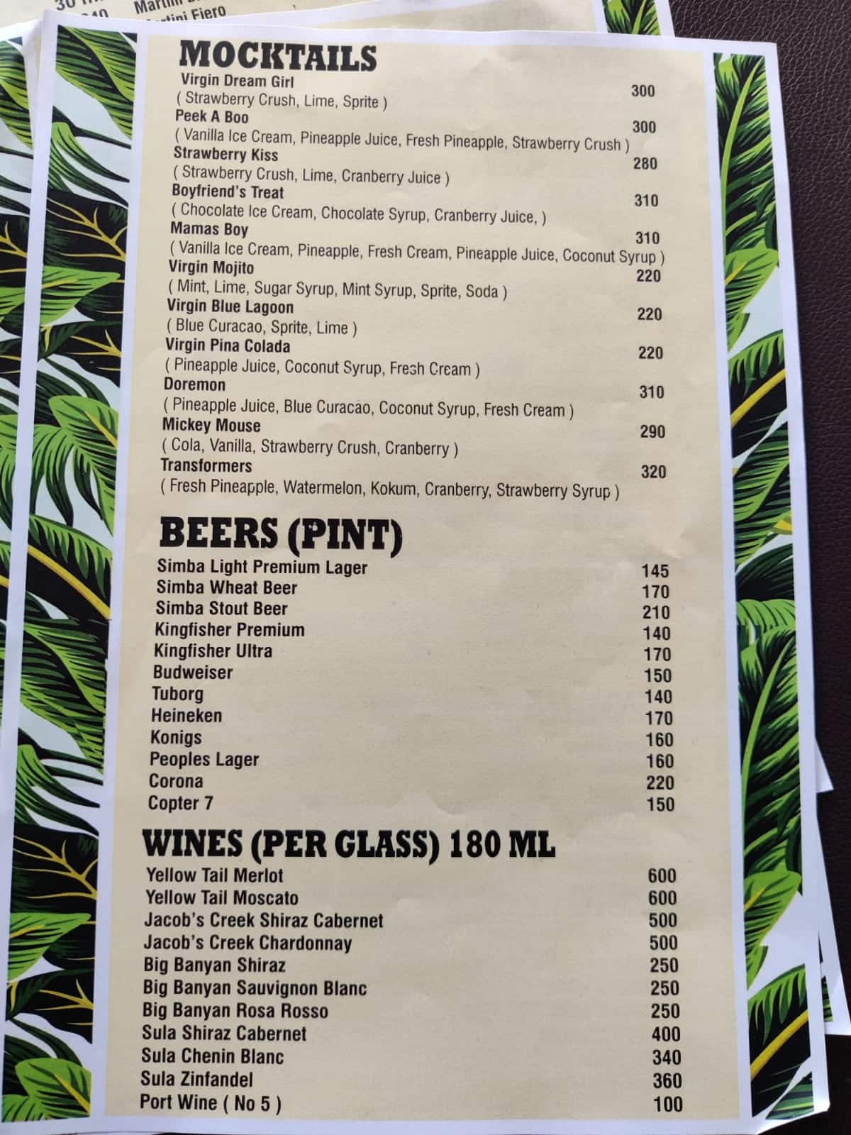 Menu at Reggae haven, Cavelossim