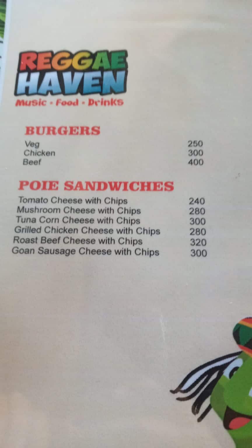 Menu at Reggae haven, Cavelossim