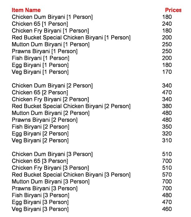 Menu of Red Bucket Biryani, Machavaram, Vijayawada