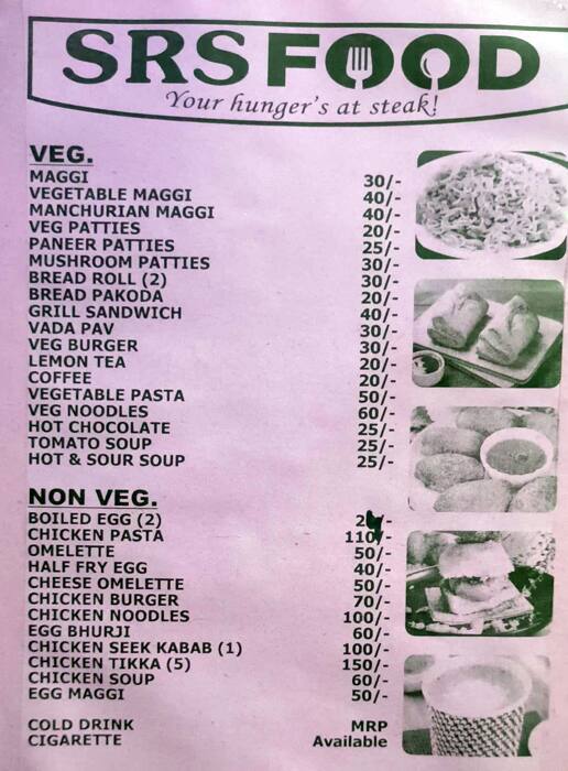 Menu of SRS Food Kitchen, Kalkaji, New Delhi