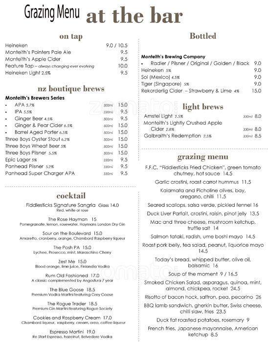 Menu at Fiddlesticks Restaurant and Bar, Christchurch