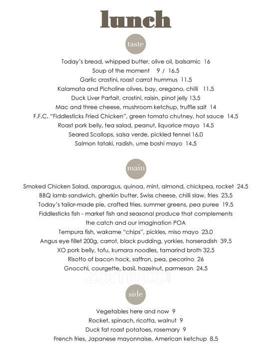 Menu at Fiddlesticks Restaurant and Bar, Christchurch