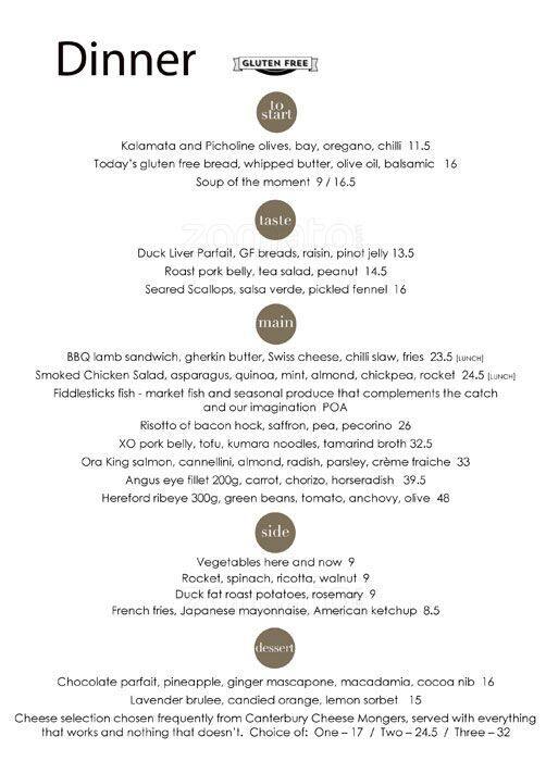 Menu at Fiddlesticks Restaurant and Bar, Christchurch