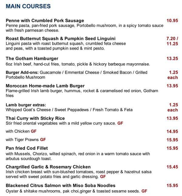 Menu at Gotham Cafe Ltd.,, Dublin