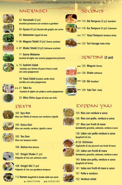 Menu at Makoto restaurant, Rome