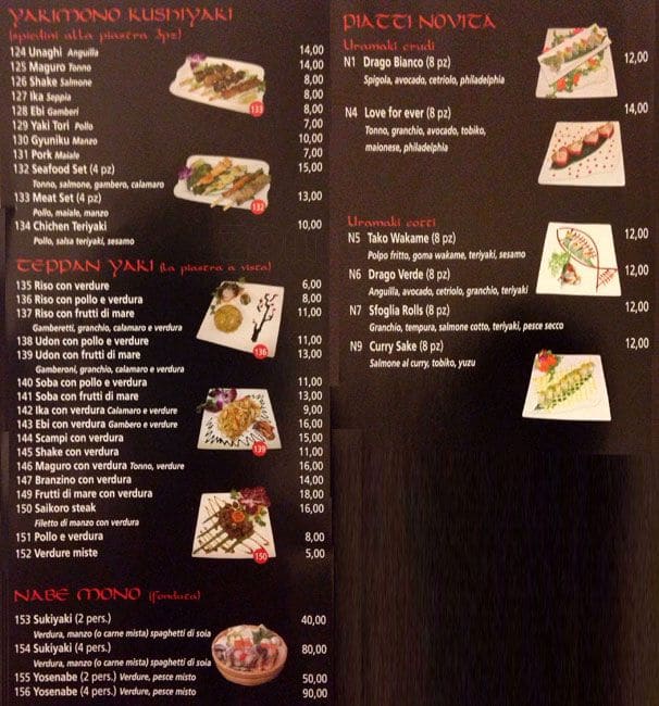 Menu at Makoto restaurant, Rome